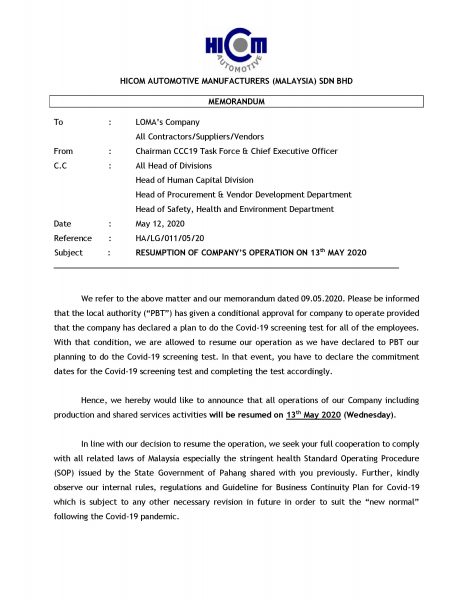 HICOM Automotive Restarts Operations
